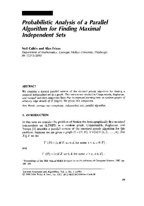 (PDF) Probabilistic analysis of a parallel algorithm for finding maximal independent sets