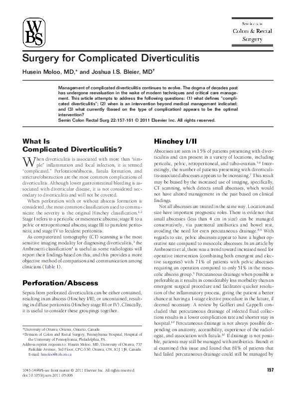 (PDF) Surgery for Complicated Diverticulitis | Joshua Bleier - Academia.edu