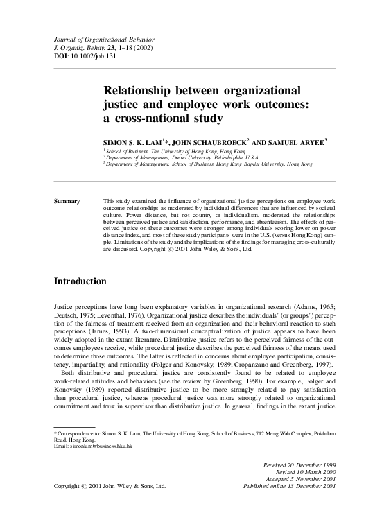 (PDF) Relationship between organizational justice and employee work outcomes: a cross-national study
