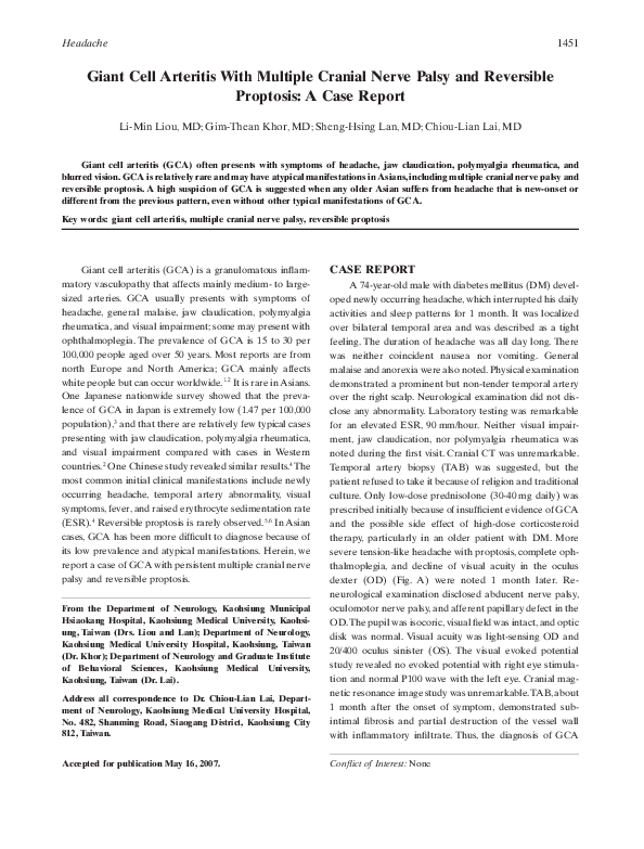 Pdf Giant Cell Arteritis With Multiple Cranial Nerve Palsy And