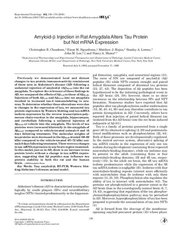 (PDF) Amyloid-β Injection in Rat Amygdala Alters Tau Protein but Not ...
