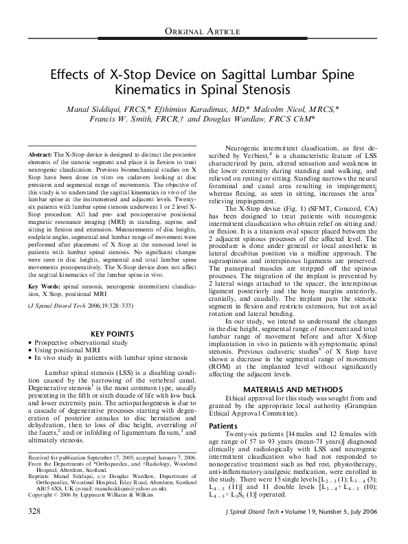 Effects of X-Stop Device on Sagittal Lumbar Spine Kinematics in Spinal ...