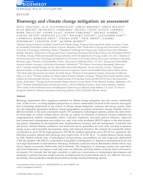 (PDF) Bioenergy and climate change mitigation: an assessment | Mark ...