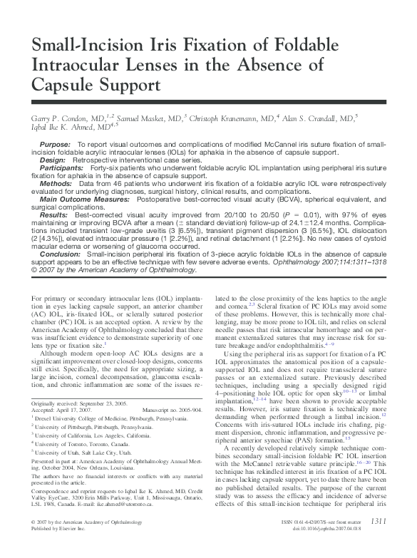(PDF) Small-incision iris fixation of foldable intraocular lenses in ...