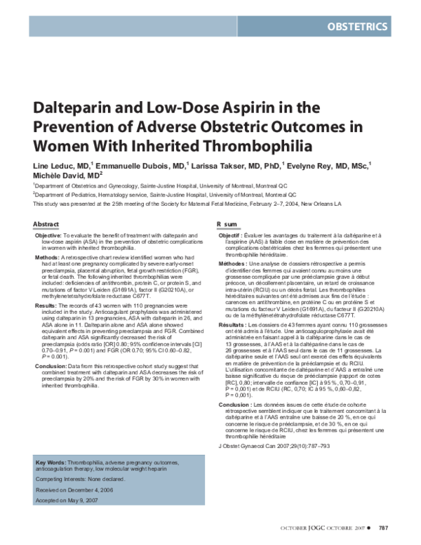 (PDF) Dalteparin and low-dose aspirin in the prevention of adverse ...