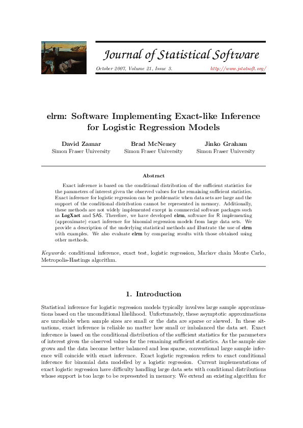 Pdf Elrm Software Implementing Exact Like Inference For Logistic Regression Models