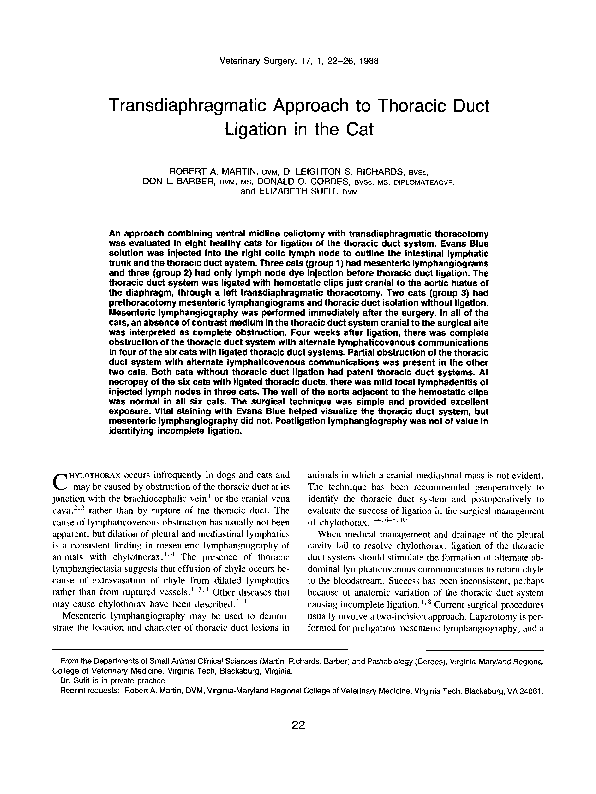 (PDF) Transdiaphragmatic Approach to Thoracic Duct Ligation in the Cat
