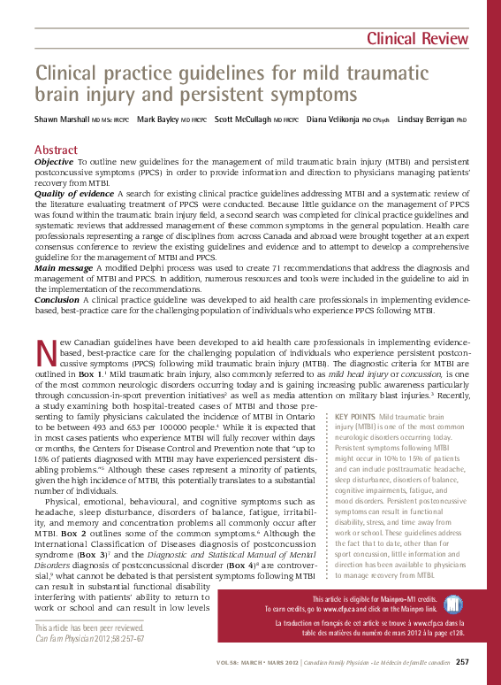 (PDF) Updated clinical practice guidelines for concussion/mild traumatic brain injury and ...