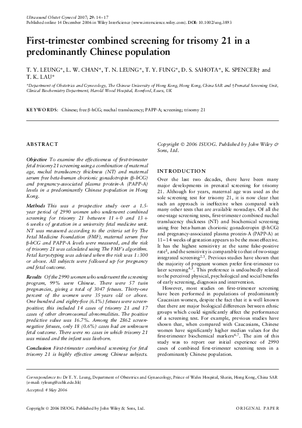 (PDF) First-trimester combined screening for trisomy 21 with different ...