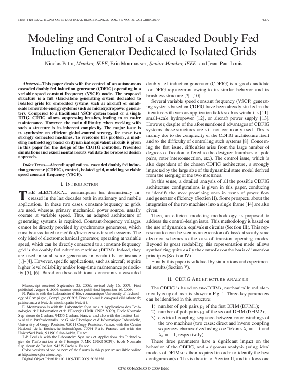 (PDF) Modeling and Control of a Cascaded Doubly Fed Induction Generator Dedicated to Isolated Grids