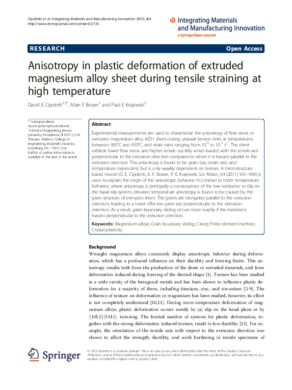 Pdf Anisotropy In Plastic Deformation Of Extruded Magnesium Alloy