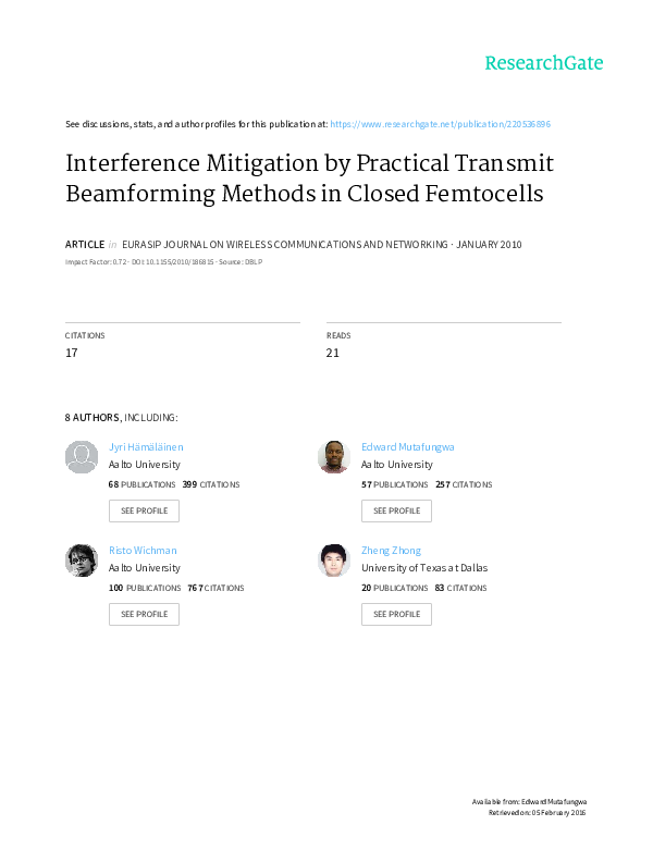 (PDF) Interference Mitigation by Practical Transmit Beamforming Methods in Closed Femtocells