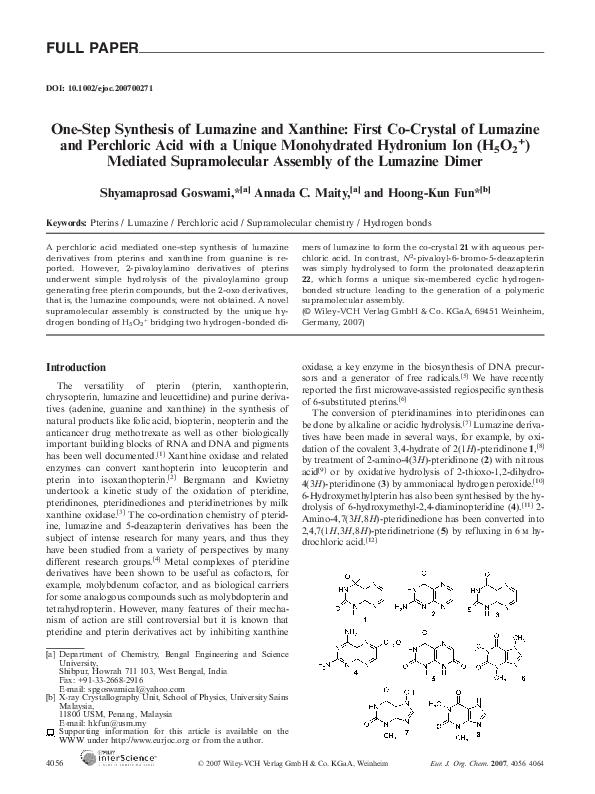 (PDF) One-Step Synthesis of Lumazine and Xanthine: First Co-Crystal of ...