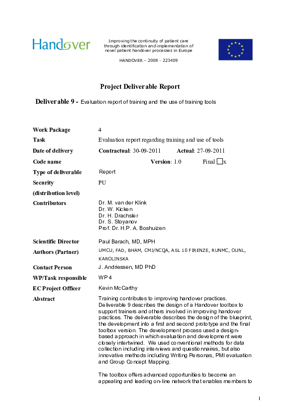 (PDF) Deliverable 9-Evaluation report of training and the use of training tools | H. Drachsler ...