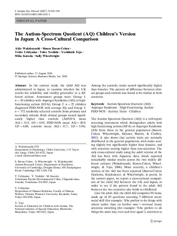 (PDF) The Autism-Spectrum Quotient (AQ) Children’s Version in Japan: A ...