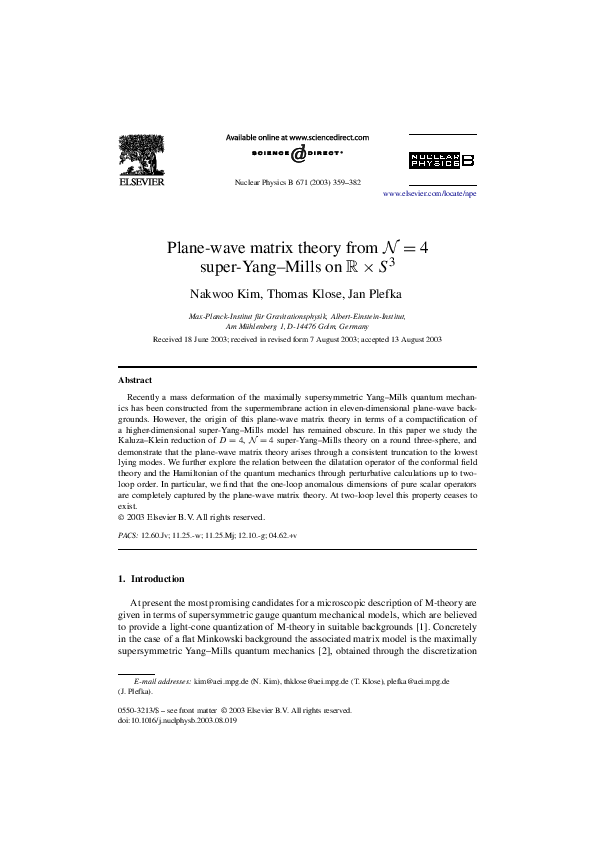(PDF) Plane-wave matrix theory from super-Yang–Mills on