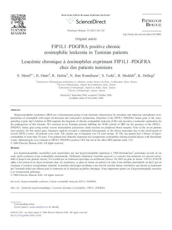 (PDF) FIP1L1–PDGFRA positive chronic eosinophilic leukemia in Tunisian ...
