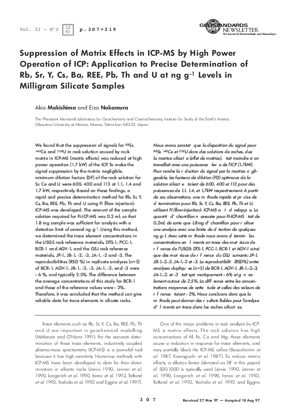 (PDF) Suppression of Matrix Effects in ICP-MS by High Power Operation ...