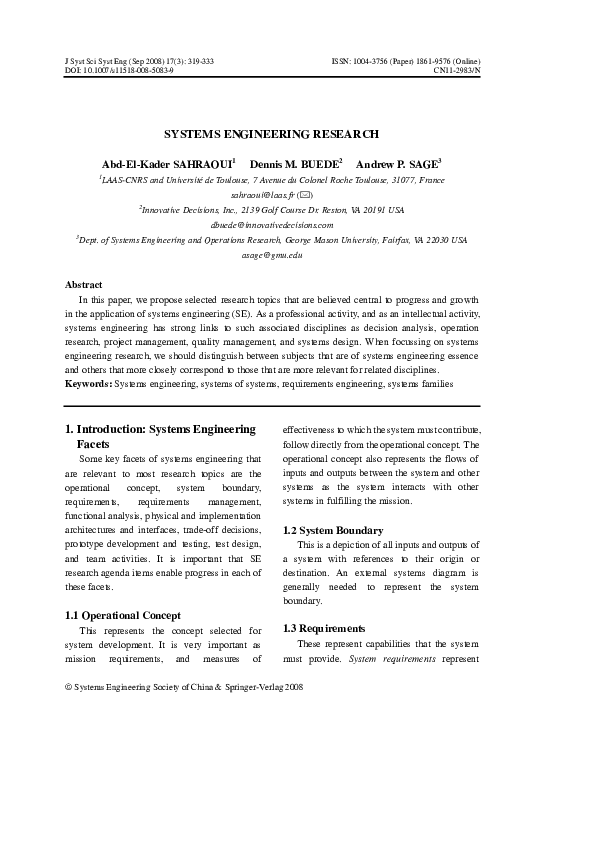 (PDF) Systems engineering research