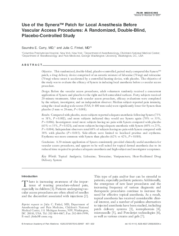 (PDF) Use of the Synera? Patch for Local Anesthesia Before Vascular ...