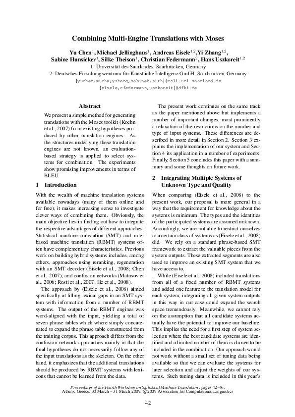 (PDF) Combining multi-engine translations with Moses