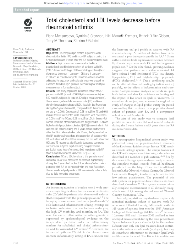 (PDF) Total cholesterol and LDL levels decrease before rheumatoid arthritis
