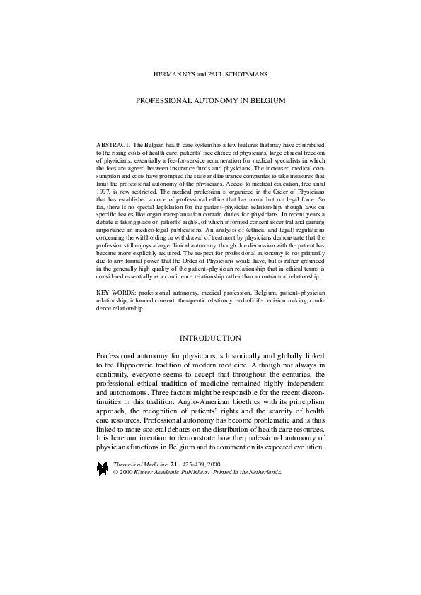 (PDF) Professional autonomy in Belgium