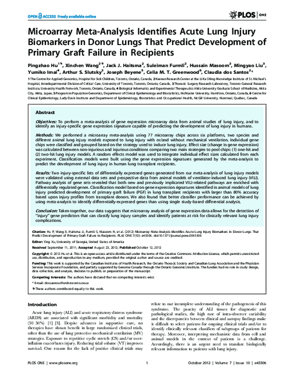 (PDF) Microarray meta-analysis identifies acute lung injury biomarkers in donor lungs that ...