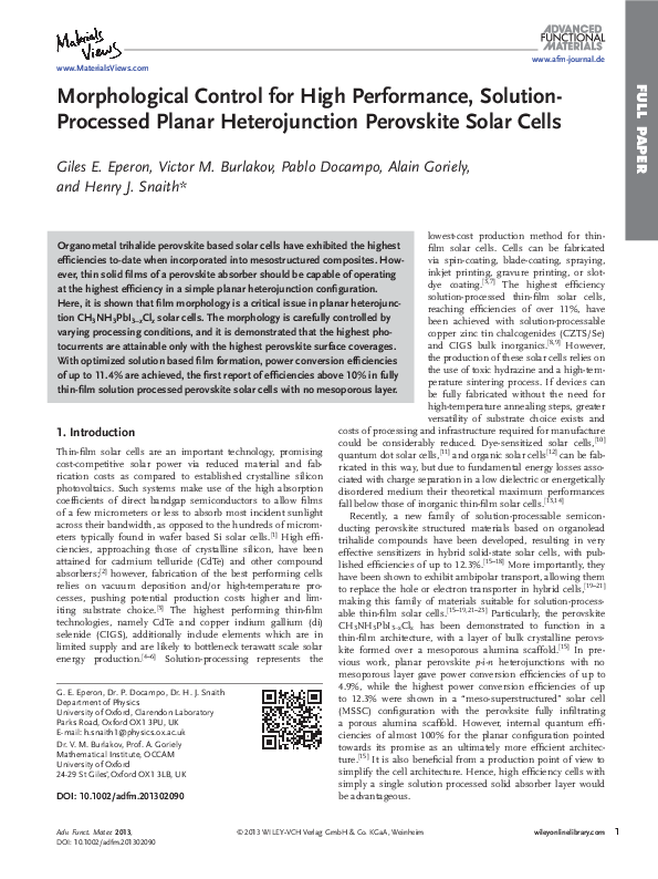 (PDF) Morphological Control for High Performance, Solution-Processed Planar Heterojunction ...