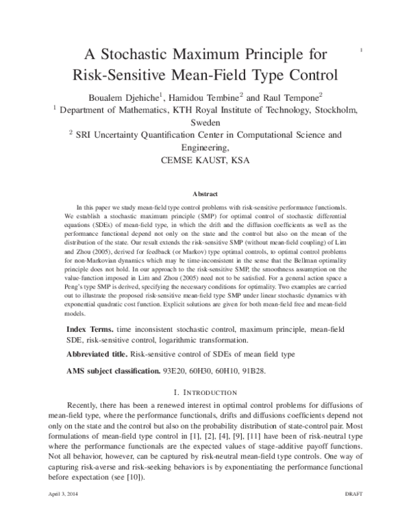 Pdf A Stochastic Maximum Principle For Risk Sensitive Mean Field Type