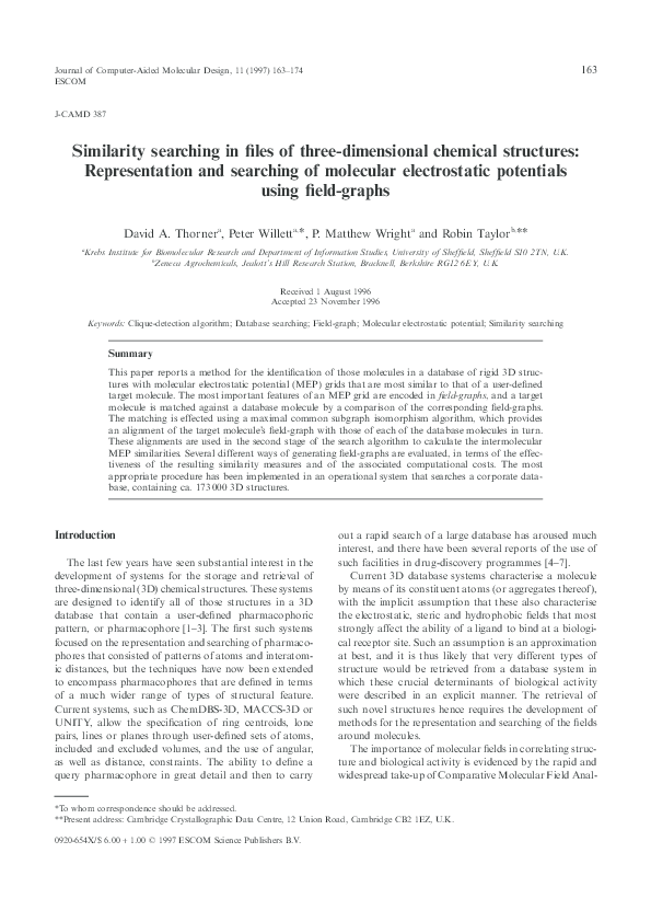 (PDF) Similarity Searching in Files of Three-Dimensional Chemical Structures: Evaluation of the ...