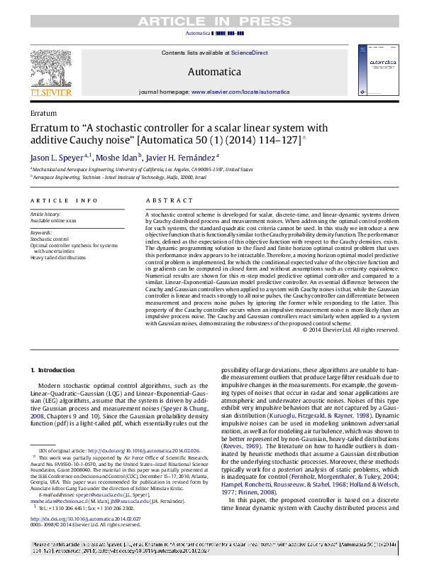 (PDF) Erratum to “A stochastic controller for a scalar linear system with additive Cauchy noise ...