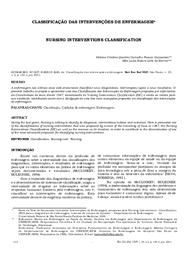 (PDF) CLASSIFICAÇÃO DAS INTERVENÇÕES DE ENFERMAGEM* NURSING ...