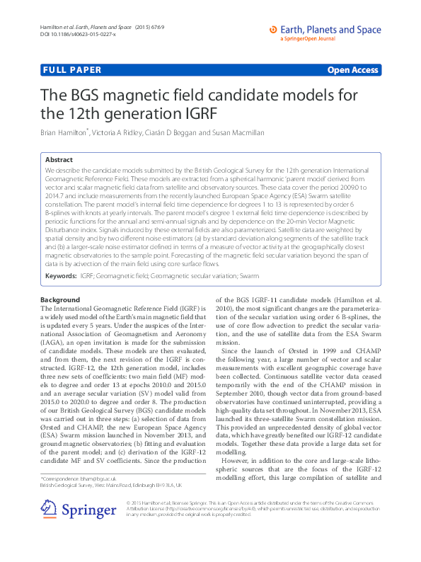 (PDF) The BGS magnetic field candidate models for the 12th generation IGRF
