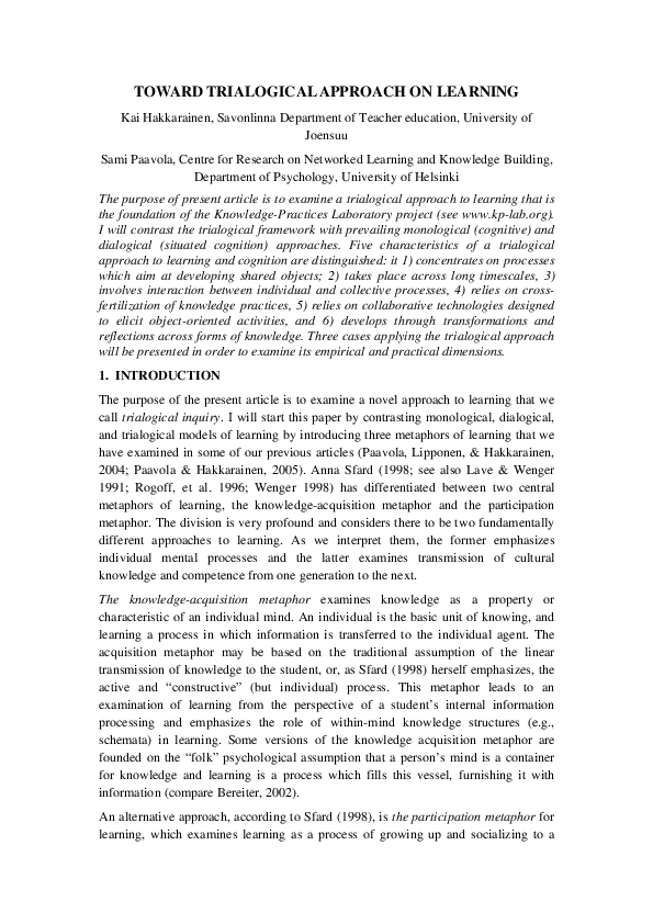 (PDF) TOWARD TRIALOGICAL APPROACH ON LEARNING