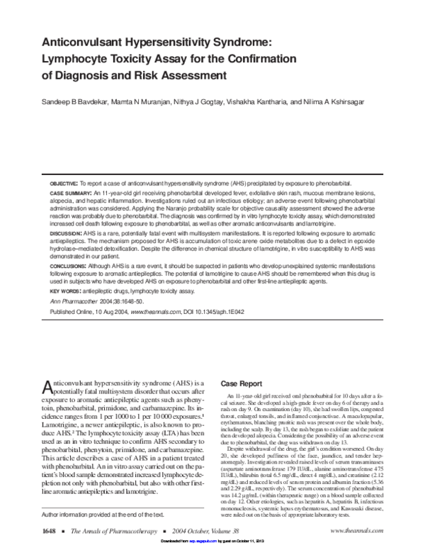 (PDF) Anticonvulsant Hypersensitivity Syndrome: Lymphocyte Toxicity ...