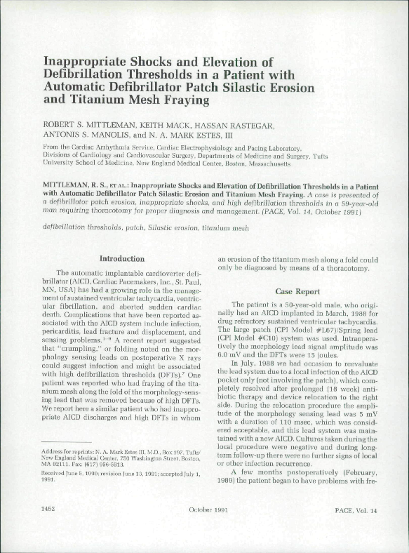 (PDF) Inappropriate Shocks and Elevation of Defibrillation Thresholds ...