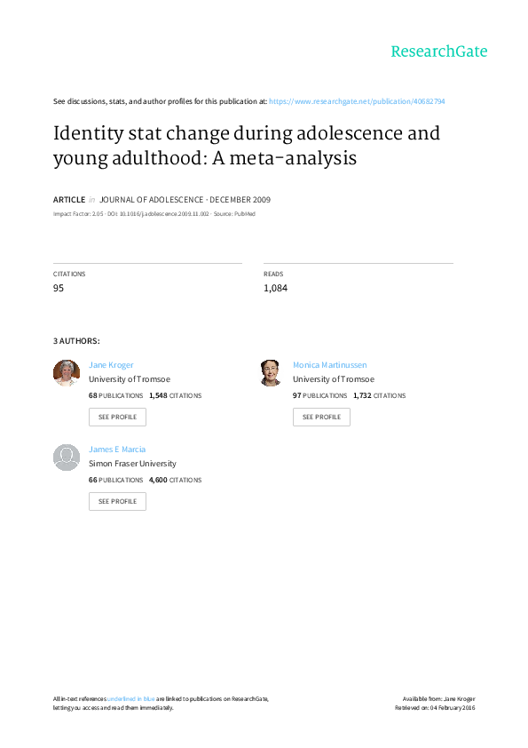 Pdf Identity Status Change During Adolescence And Young Adulthood A
