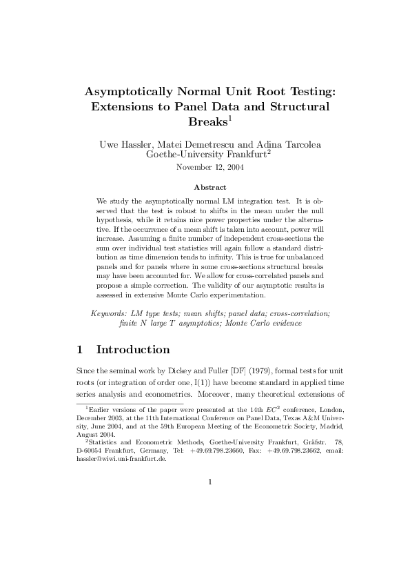 Pdf Asymptotically Normal Unit Root Testing Extensions To Panel Data And Structural Breaks