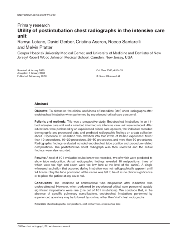 (PDF) Utility of postintubation chest radiographs in the intensive care ...