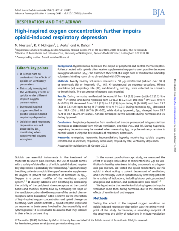 (PDF) High-inspired oxygen concentration further impairs opioid-induced ...