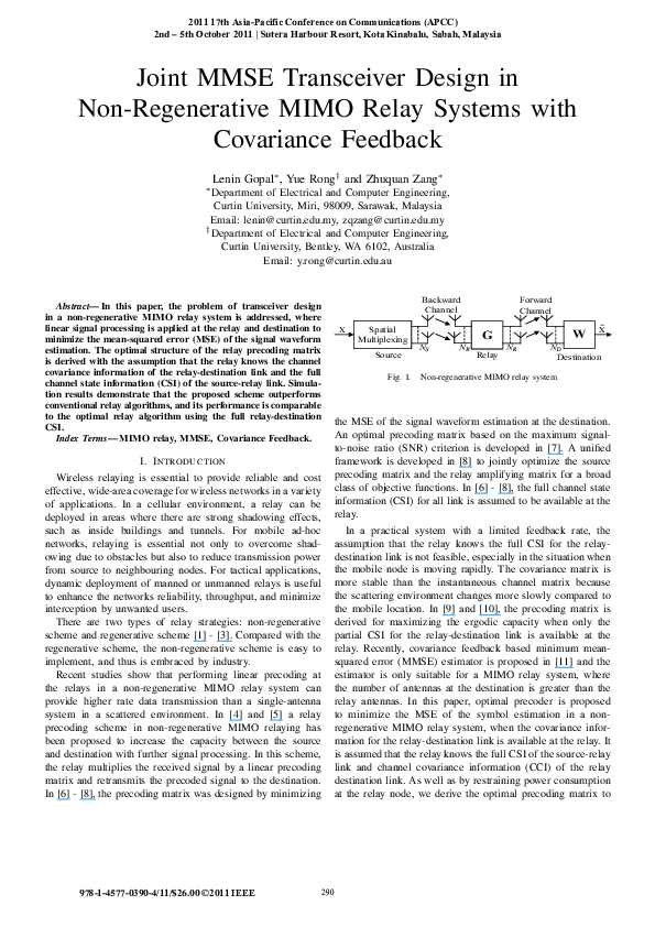 (PDF) Joint MMSE Transceiver Design in Non-Regenerative MIMO Relay Systems