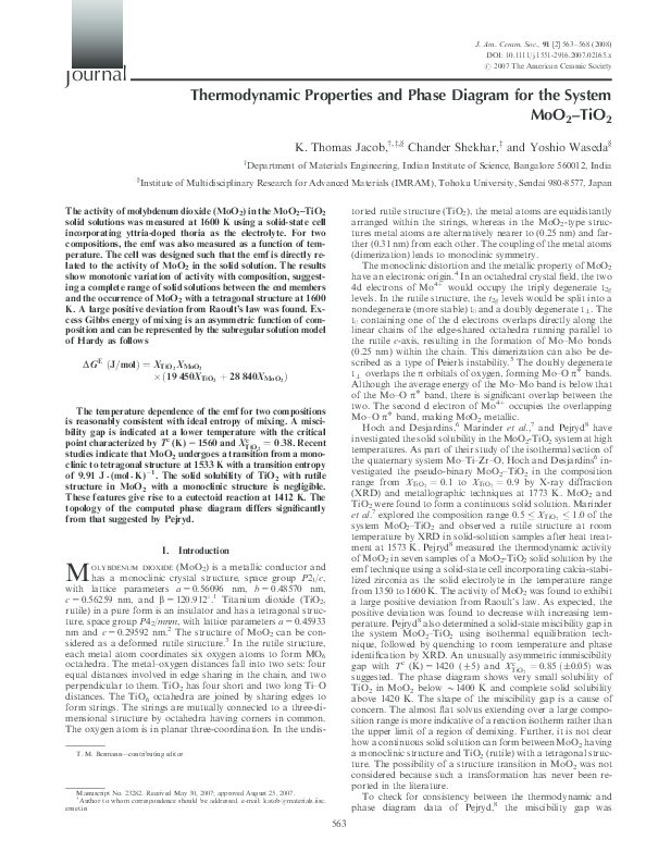 (PDF) Thermodynamic Properties and Phase Diagram for the System MoO2-TiO2