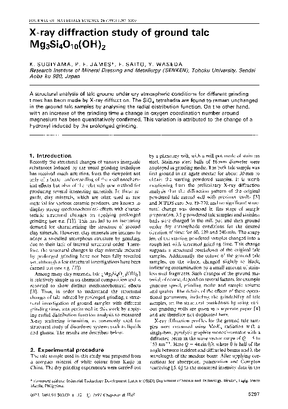 (PDF) X-ray diffraction study of ground talc Mg3Si4O10(OH)2