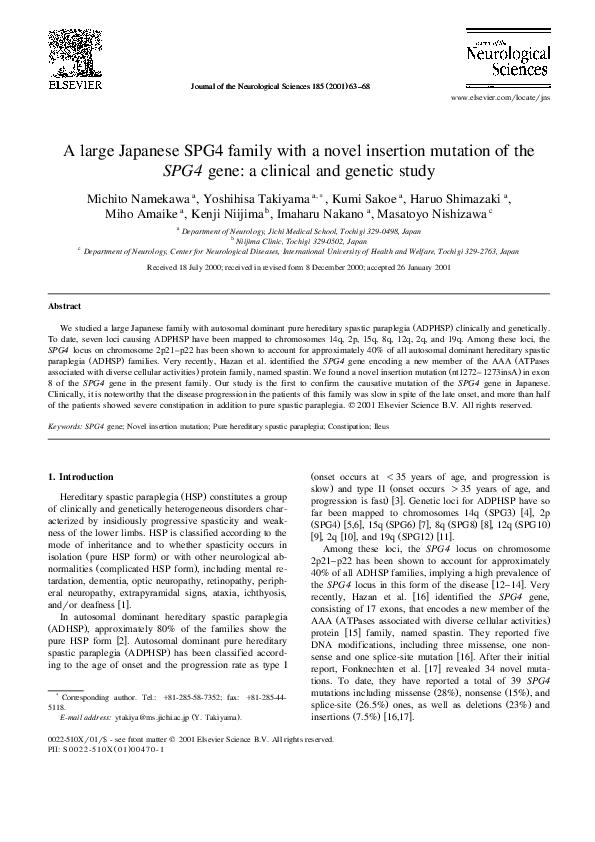 (PDF) A large Japanese SPG4 family with a novel insertion mutation of ...