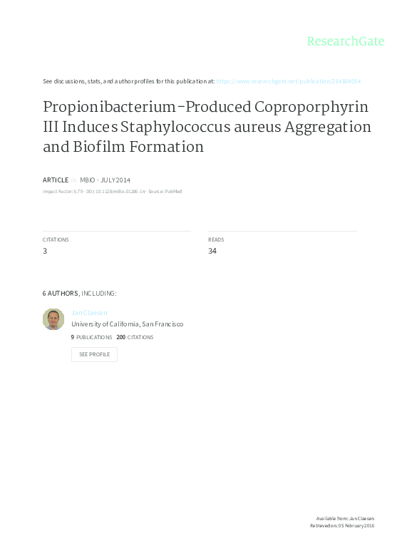 (PDF) Propionibacterium-Produced Coproporphyrin III Induces Staphylococcus aureus Aggregation ...