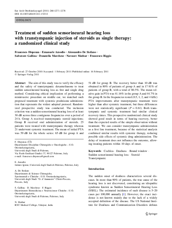 (PDF) Treatment of sudden sensorineural hearing loss with transtympanic ...