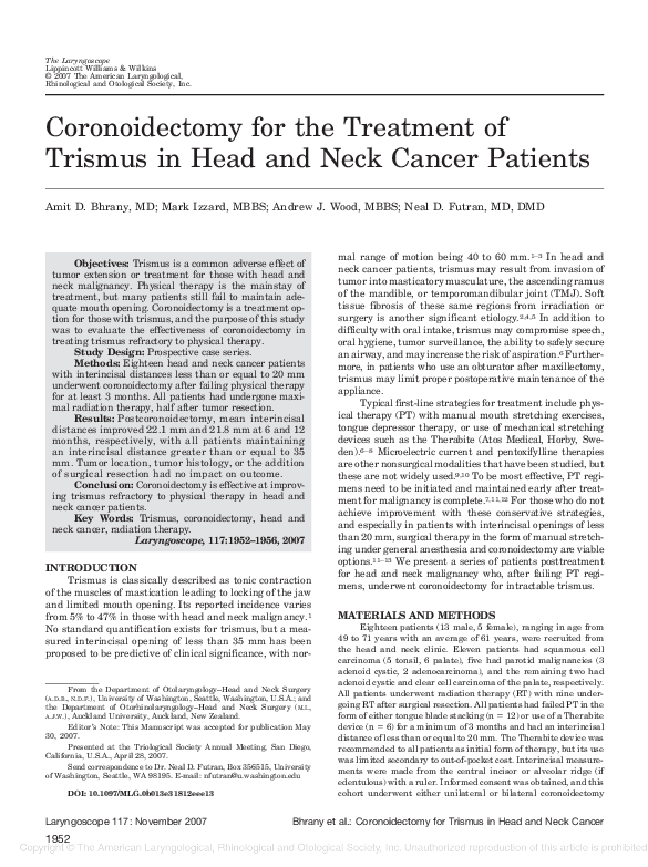 (PDF) Coronoidectomy for the treatment of trismus in head and neck ...