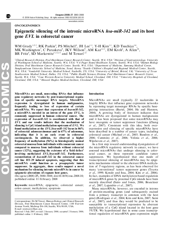 (PDF) Epigenetic silencing of the intronic microRNA hsa-miR-342 and its ...