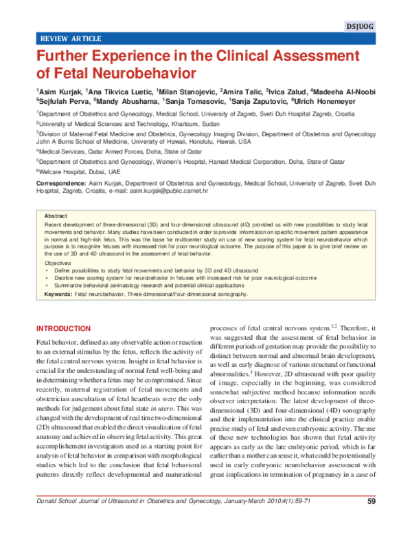 (PDF) Further Experience in the Clinical Assessment of Fetal Neurobehavior